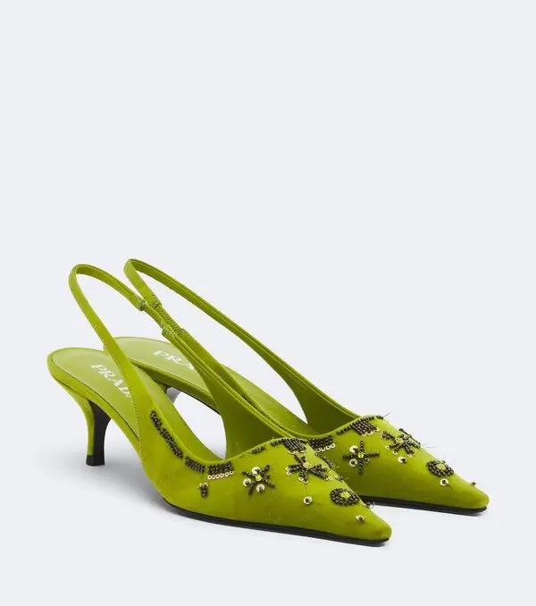 Prada Embellished Satin Slingback Pumps - Green