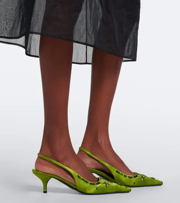 Prada Embellished Satin Slingback Pumps - Green
