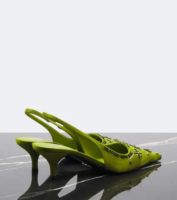 Prada Embellished Satin Slingback Pumps - Green