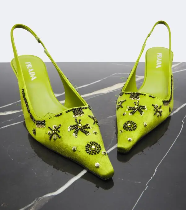 Prada Embellished Satin Slingback Pumps - Green