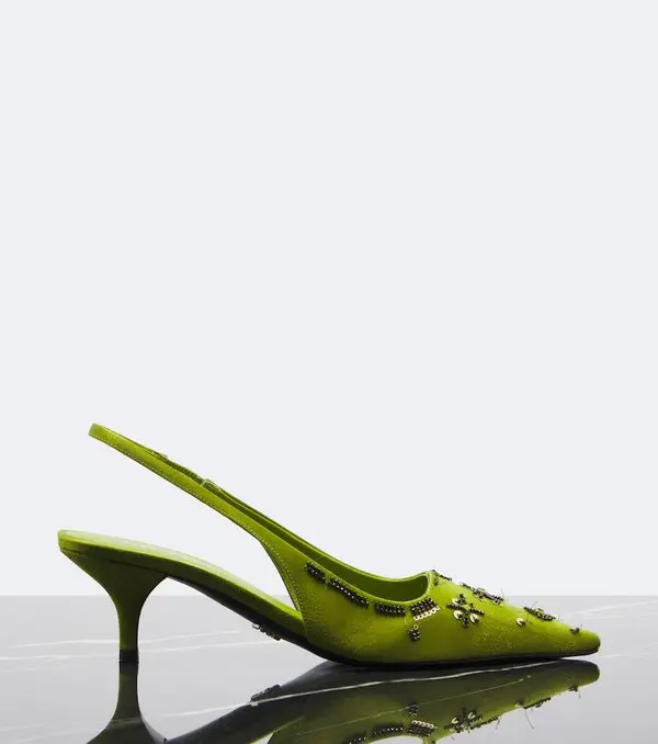 Prada Embellished Satin Slingback Pumps - Green