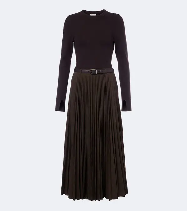 Simkhai Abilene Checked Ribbed-knit Pleated Midi Dress - Brown