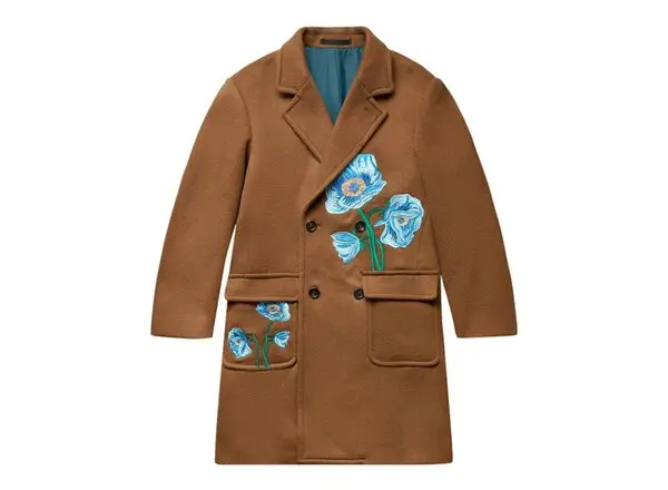 AWAKE Floral Embroidered Wool Overcoat Coat - Brown