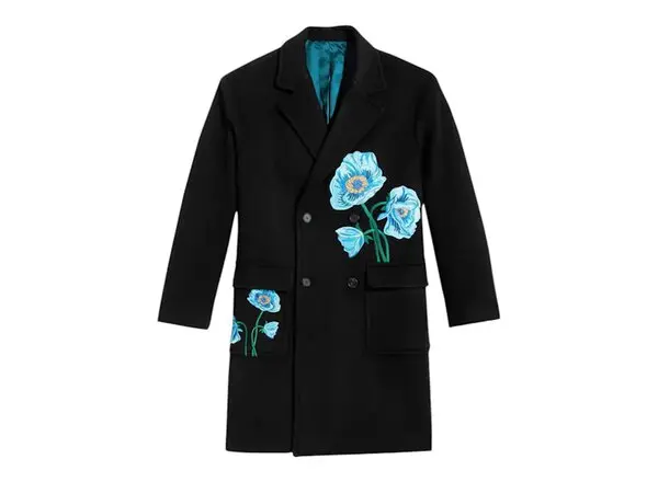 AWAKE Floral Embroidered Fleece Overcoat Coat - Black