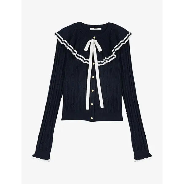 Maje Layered-cape Contrast-trim Knitted Cardigan - Navy