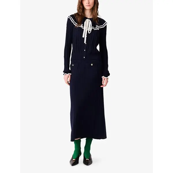 Maje Layered-cape Contrast-trim Knitted Cardigan