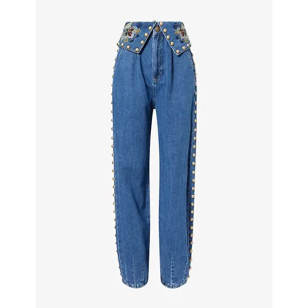 Farm Rio Floral-embroidered Barrel-leg Jeans