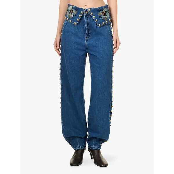 Farm Rio Floral-embroidered Barrel-leg Jeans