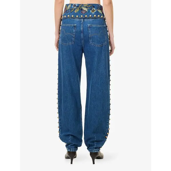 Farm Rio Floral-embroidered Barrel-leg Jeans