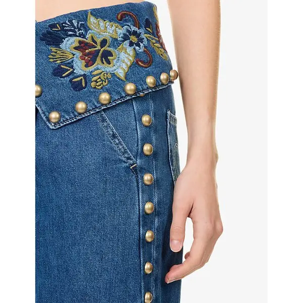Farm Rio Floral-embroidered Barrel-leg Jeans
