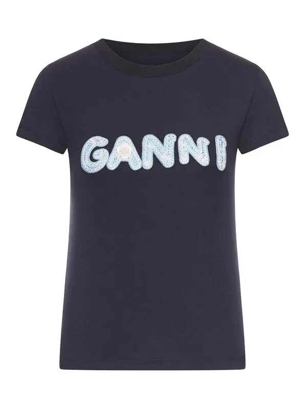 GANNI Embroidered Logo Cotton T-shirt - Grigio