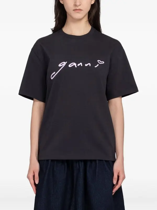 GANNI Organic Cotton Round-neck Embroidered Logo T-shirt - Grigio