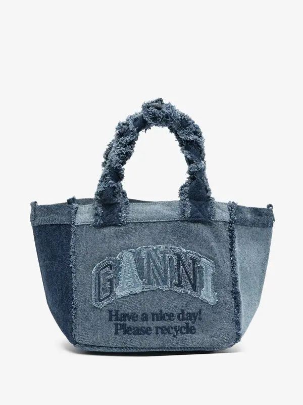 GANNI Small Denim Tote Handbag With Front Logo, Snap Closure & Leather Strap - Blu