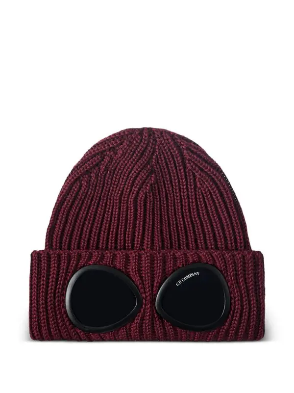 C.P. COMPANY Cuffed Ribbed Knit Goggle Lens Beanie Hat - Rosso