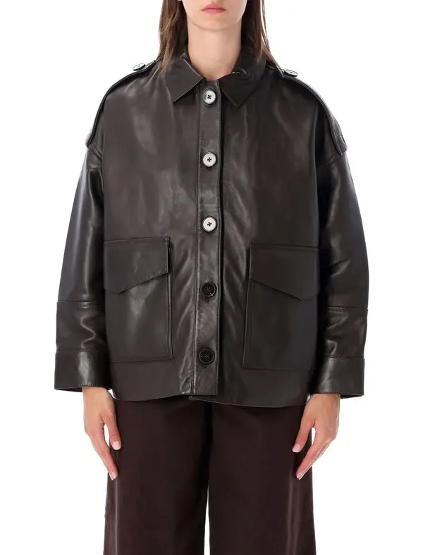 SESSUN Leather Shirt Jacket With Button Front