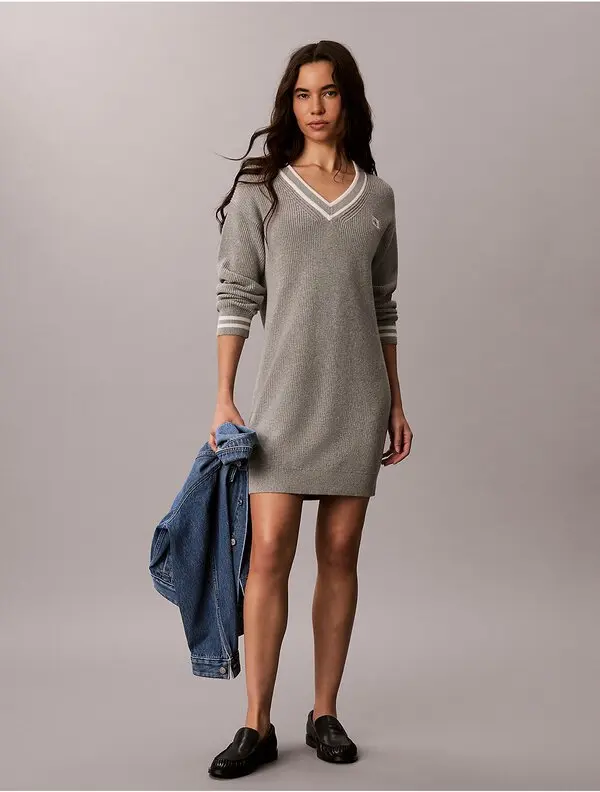Calvin Klein Woven Monologo Tunic V-neck Dress - Grey Heather
