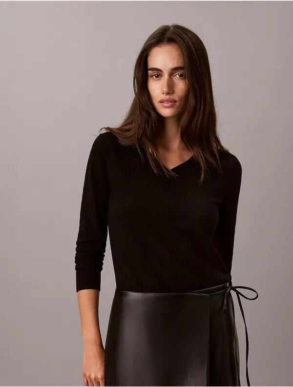 Calvin Klein Pointelle Knit Long Sleeve Top - Black