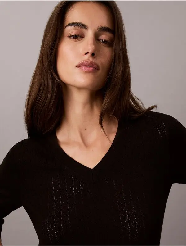 Calvin Klein Pointelle Knit Long Sleeve Top - Black