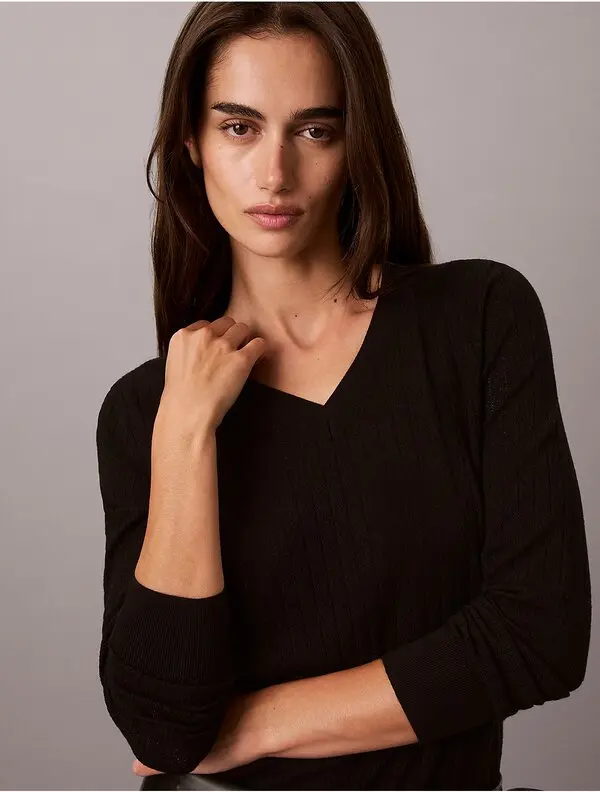 Calvin Klein Pointelle Knit Long Sleeve Top - Black