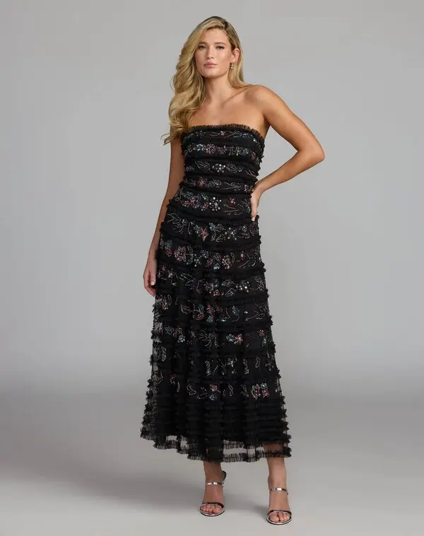 Mac Duggal Black Strapless Micro Ruffle Midi Dress