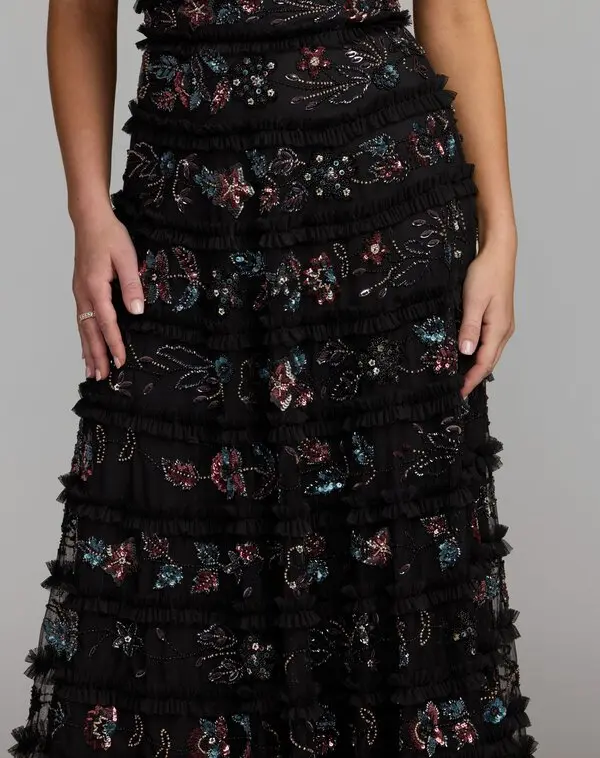 Mac Duggal Black Strapless Micro Ruffle Midi Dress