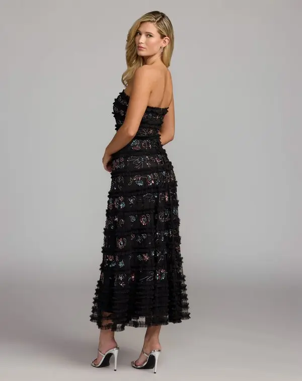 Mac Duggal Black Strapless Micro Ruffle Midi Dress