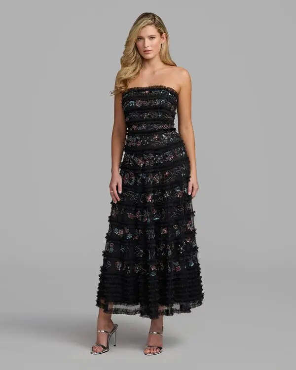 Mac Duggal Strapless Micro Ruffle Midi Dress - Black Multi