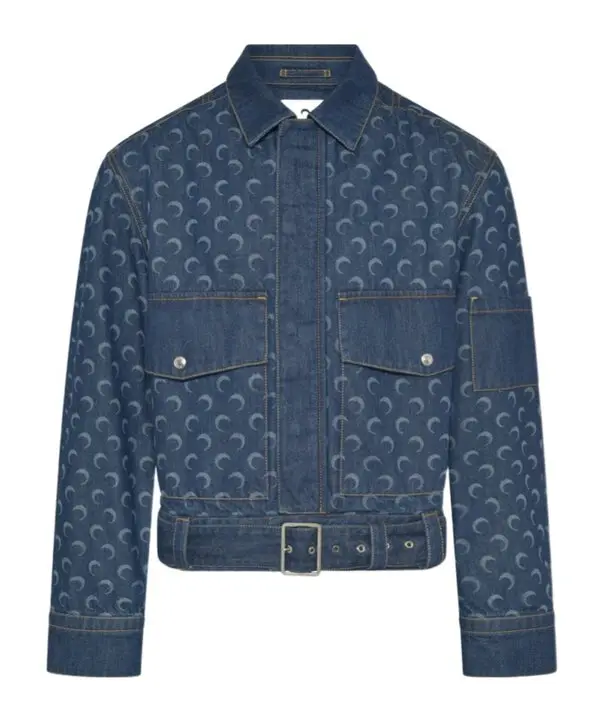MARINE SERRE Belted Moon-print Denim Jacket