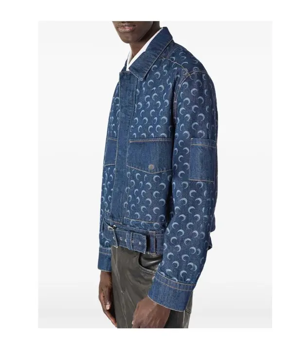 MARINE SERRE Belted Moon-print Denim Jacket