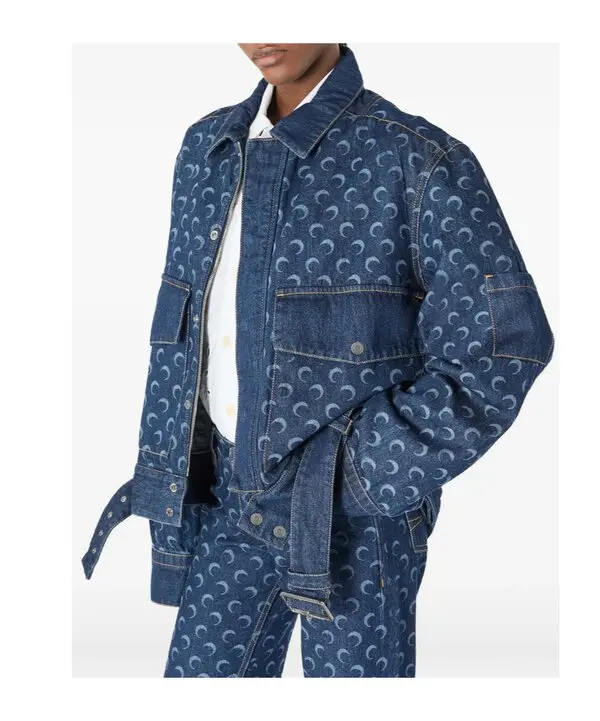 MARINE SERRE Belted Moon-print Denim Jacket