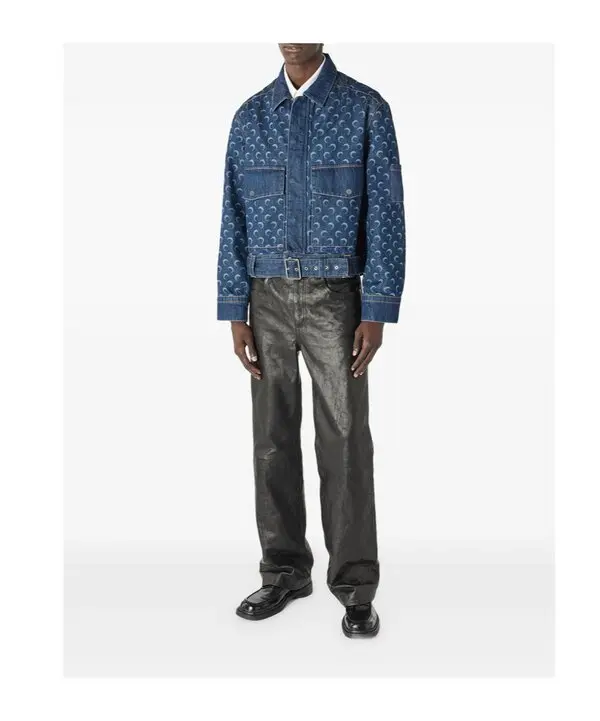 MARINE SERRE Belted Moon-print Denim Jacket