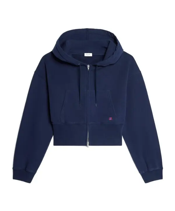 Celine Cropped Zipped Hoodie In Cotton Fleece - Dark Blue