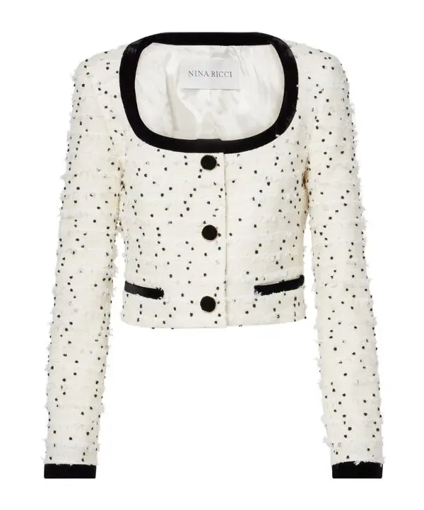 Nina Ricci Polka-dot Fringed Wool-blend Tweed Jacket