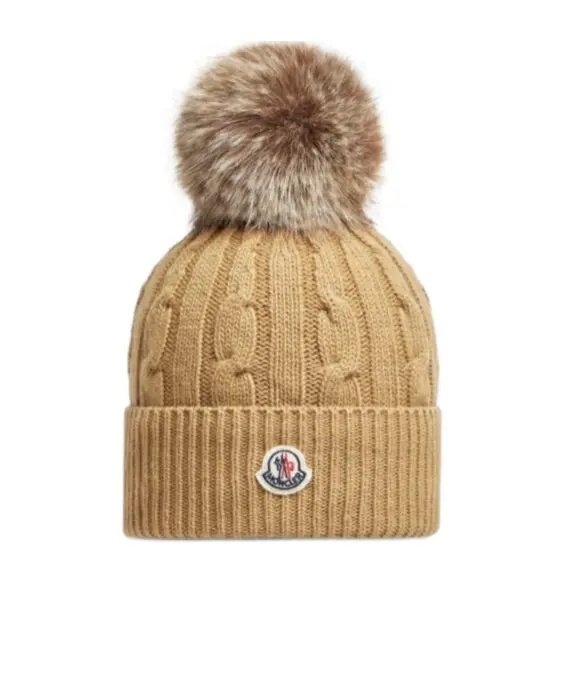 Moncler Wool Cashmere Beanie With Faux Fur Pom Pom