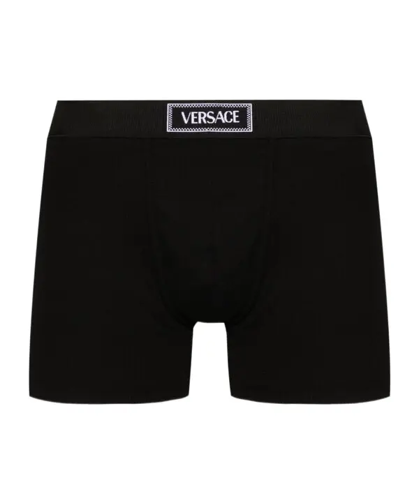Versace 90s Vintage Logo Ribbed Long Trunks - Black