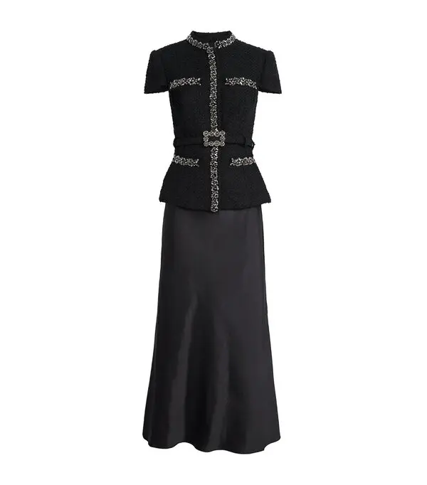 SELF-PORTRAIT Satin Bouclé Crystal-embellished Midi Dress