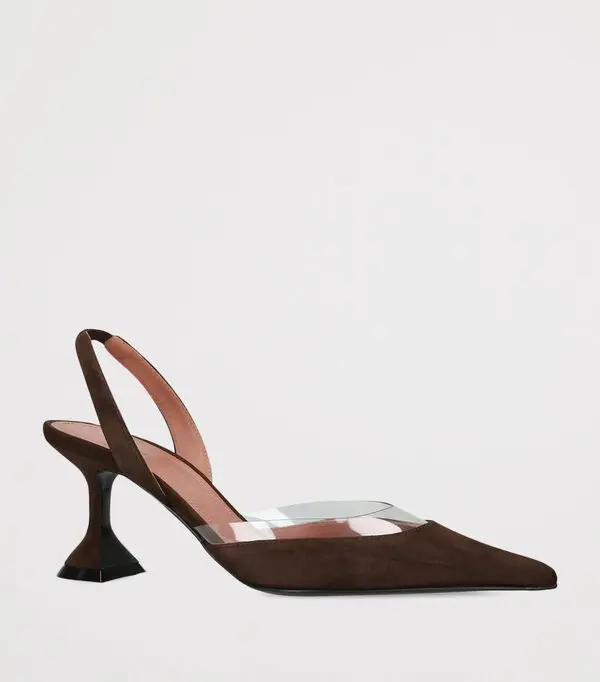 Amina Muaddi Suede Lara Slingback Heels 70 - Brown