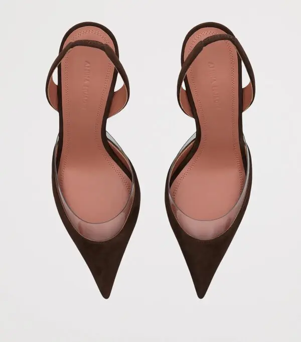 Amina Muaddi Suede Lara Slingback Heels 70 - Brown