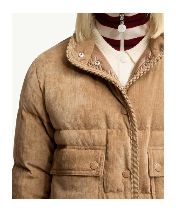 Moncler Essarts Braided Trim Corduroy Short Down Jacket - Light Brown