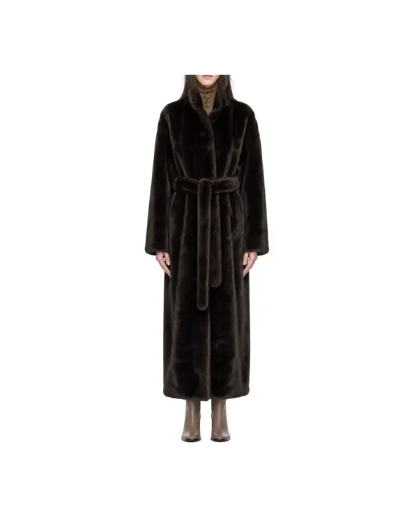 THE FRANKIE SHOP Belted Faux Fur Coat - Dark Brown