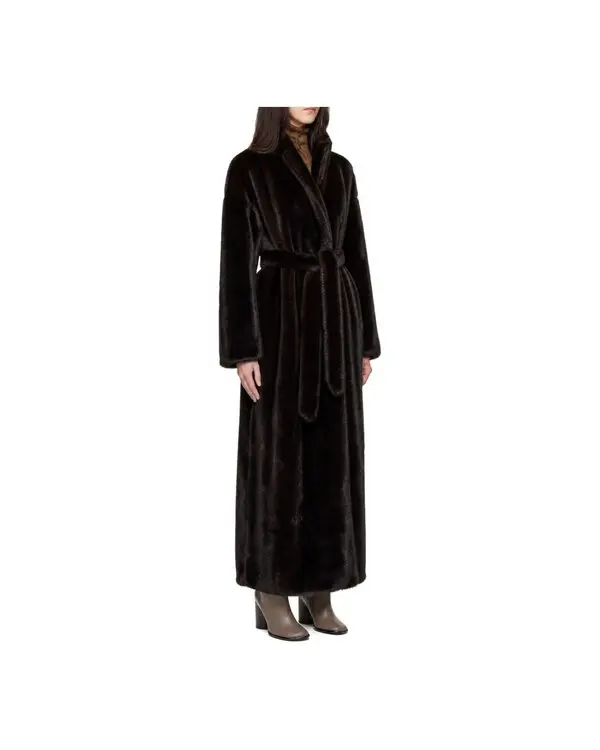 THE FRANKIE SHOP Belted Faux Fur Coat - Dark Brown