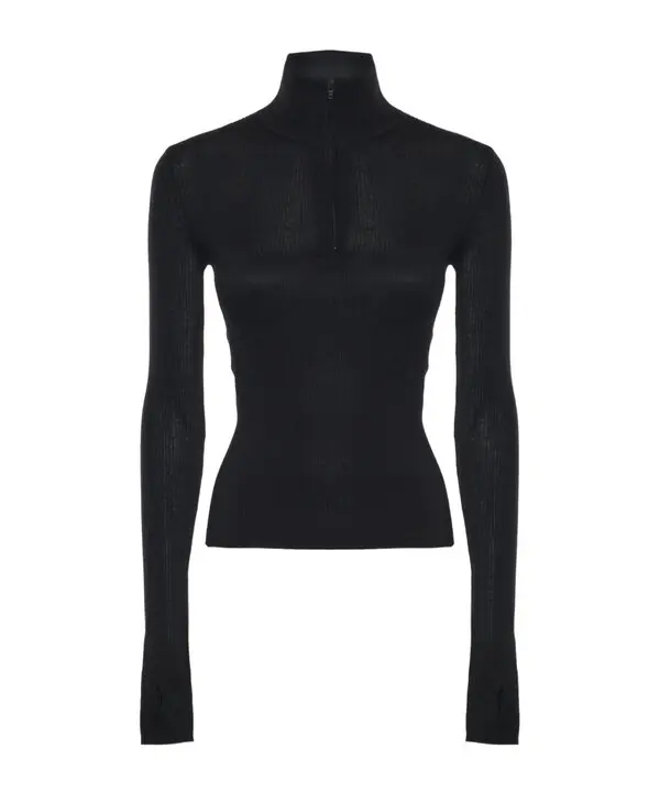 THE FRANKIE SHOP Half Zip Turtleneck Slim Knit Top - Black