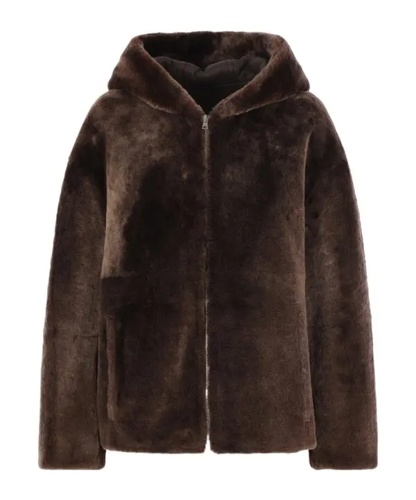 YVES SALOMON Hooded Shearling Jacket - Brown