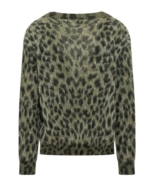 LANEUS Animal Print V-neck Knit Top