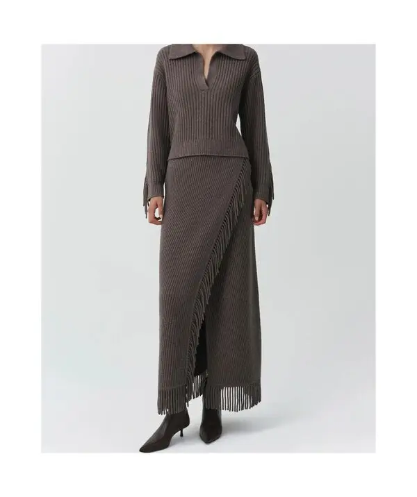 Simkhai Fringe Slit Knit Midi Skirt