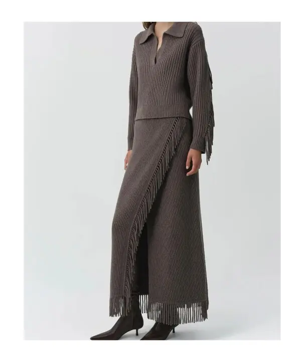 Simkhai Fringe Slit Knit Midi Skirt