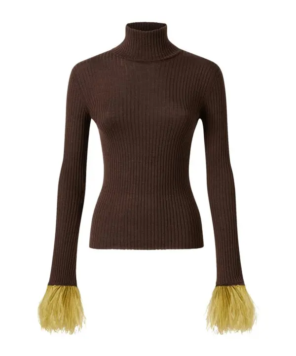 La DoubleJ Ribbed Silk Cashmere Feather Trim High Kick Top