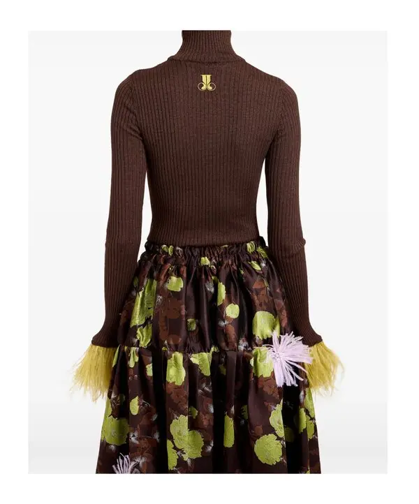 La DoubleJ Ribbed Silk Cashmere Feather Trim High Kick Top