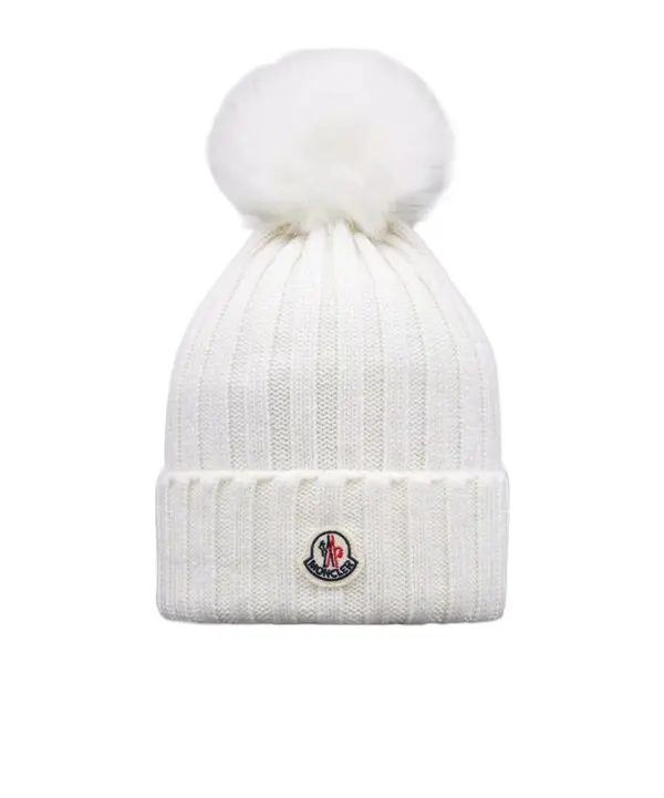 Moncler Knitted Beanie With Pompom - White