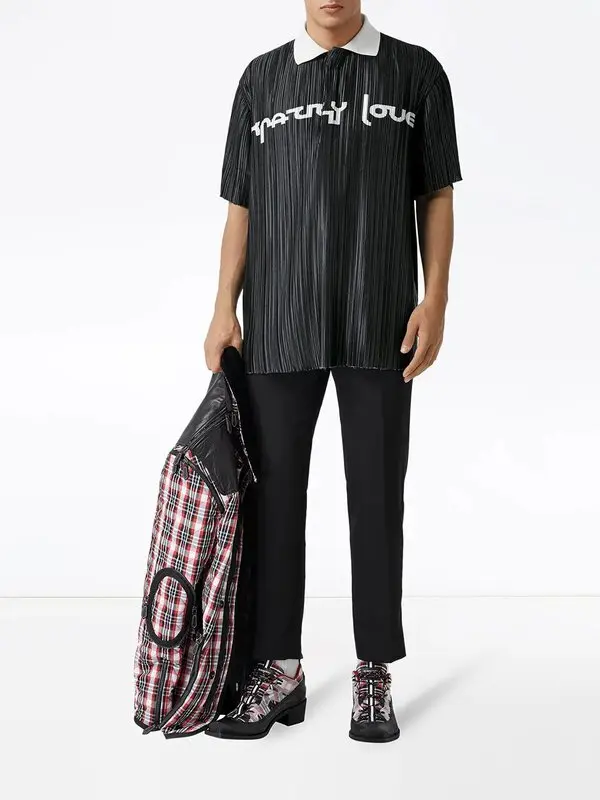 Burberry Slogan Print Satin Plissé Polo Shirt
